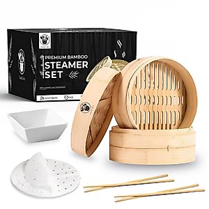 TASTECRAFTS Bamboo Steamer Basket 10-Inch, 2-Tier Design with Complimentary Chopsticks, Steamer Liners and Ceramic Dish for Sauce, Dumpling Steamer, Vegetable Steamer, Rice Steamer.