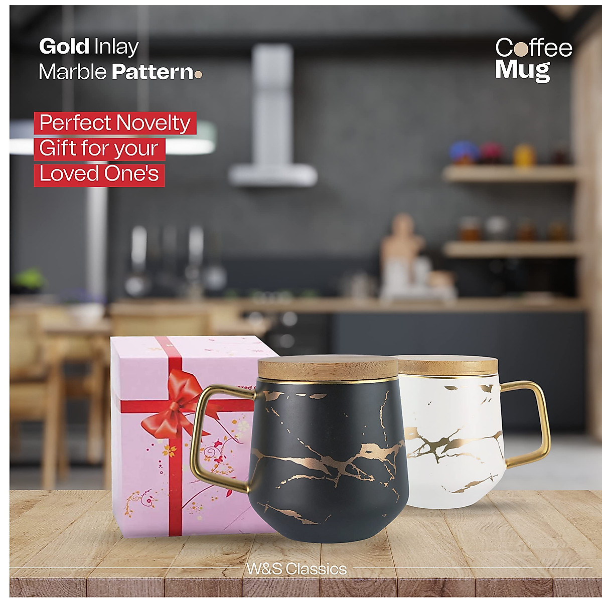 Classic Ceramic Kintsugi Style Black Coffee Tea Mug with Gold Inlay, Spoon and Bamboo Lid- 12 OZ, Large Mugs for Men and Women, Unique Design, Perfect Novelty Gift- Dishwasher Safe