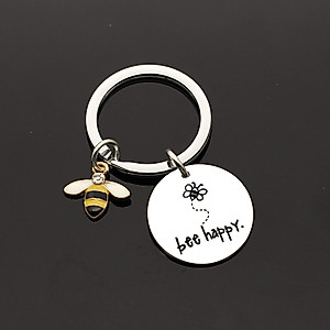 Women's Keychain " Bee Happy" Keyring Keychain, Gift for Mom, Aunt, Daughter, Niece, Friends (Silver)