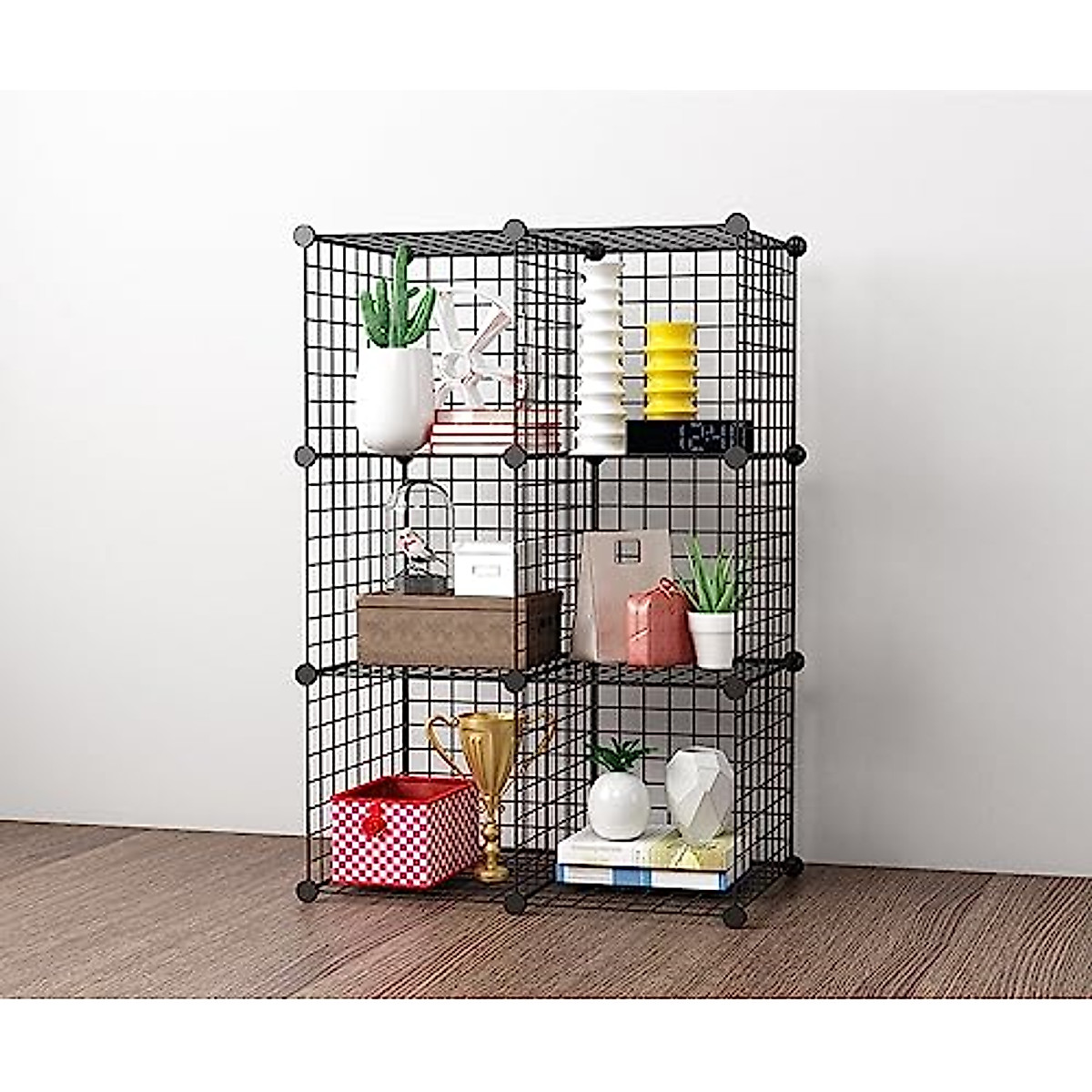 BASTUO Wire Cube Storage Cabinet, 6 Cubes DIY Metal Organizer, Stackable Bookcase Shelf Modular Cube Organizer Rack, Wardrobe Closet for Livingroom, Bedroom, Office, Black