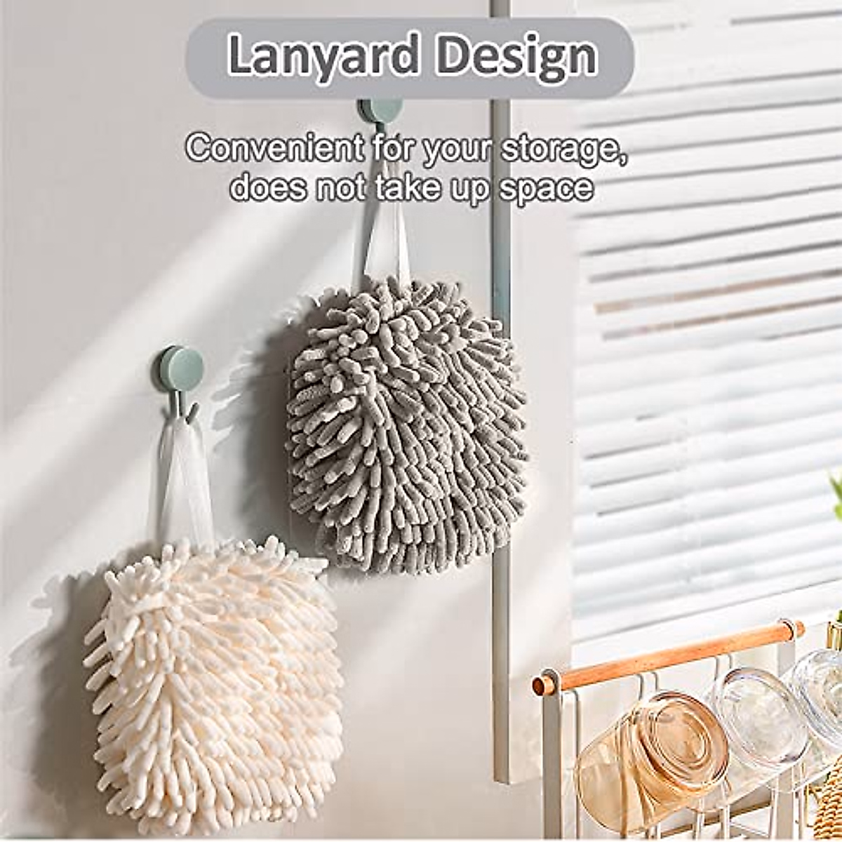 XHMAXE 4 Pack Chenille Hand Towels，7.1 Inch Soft Absorbent Microfiber Towels Ball Gadgets for Home/Kitchen/Bathroom Gadgets/Hanging Towels Quick Dry Cloths(2Each White and Grey)