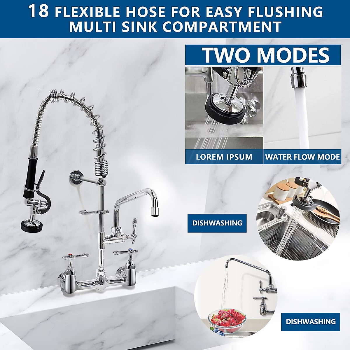 MYWHITENG Commercial Kitchen Faucet with Sprayer, 8 Inch Adjustable Wall Mounted Restaurant Faucets 12" Spout Pull-Down PreRinse Faucet 25” Height Suitable for 1, 2 or 3 Compartment Sink (Solid Brass)