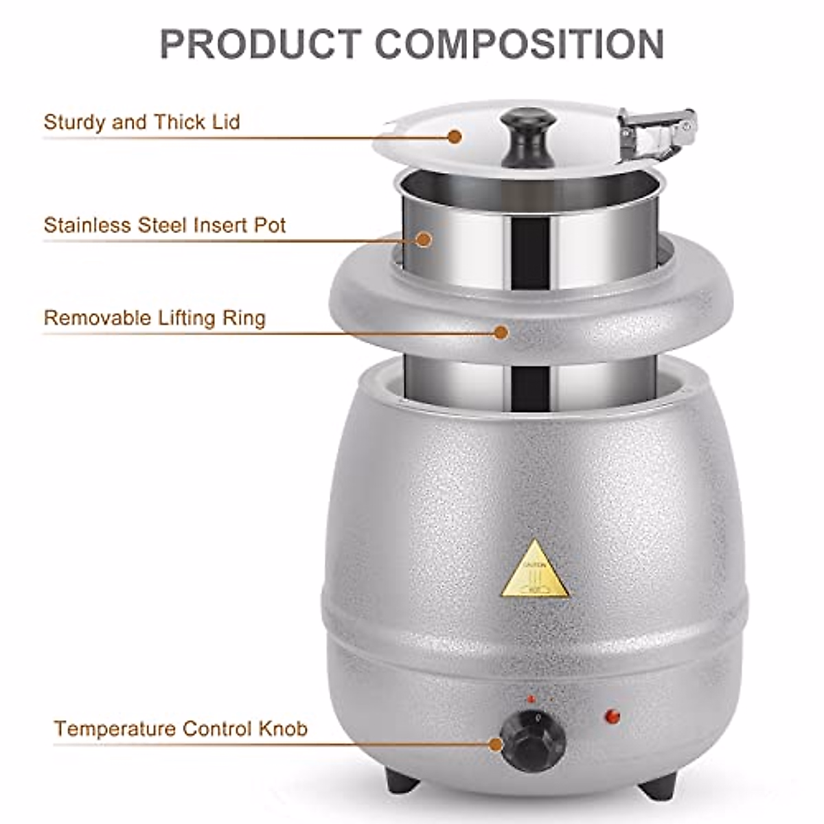 Valgus Commercial 10.5QT Soup Kettle, Electric Countertop Food Soup Warmer with Stainless Steel Hinged Lid and Detachable Pot for Home, Catering, Restaurants, Silver