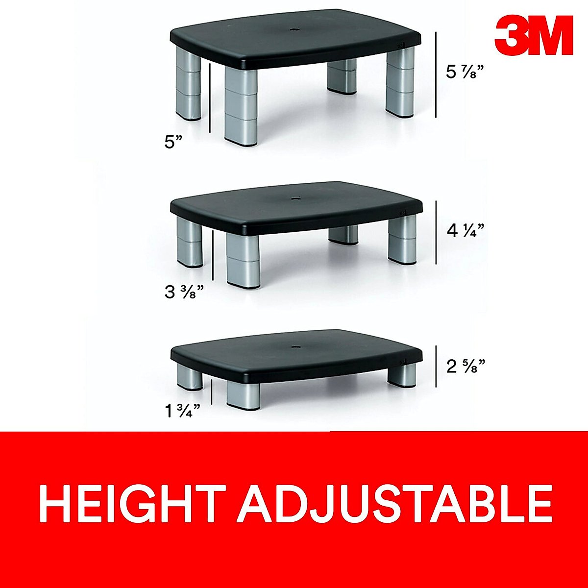 3M Adjustable Monitor Stand Riser, Three Leg Segments Simply Adjust Height, Sturdy Platform Holds Up to 80 lbs for Monitors, Laptops, and Printers, Space for Storage Underneath, Silver/Black (MS80B)