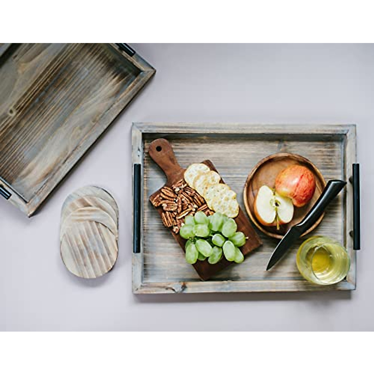 Decorative Ottoman Serving Tray Wooden Rustic (Set of 2) | Black Sleek Metal Handles | 4 Matching Coasters | Coffee Table Decor | Serving Kitchen Platter | Summit Living | For All Occasions