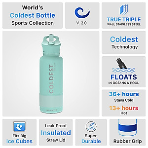 Coldest Sports Water Bottle with Straw Lid Vacuum Insulated Stainless Steel Metal Thermos Bottles Reusable Leak Proof Flask for Sports Gym (Mint Green)