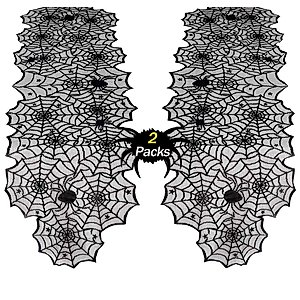 B-COOL Halloween Table Runners Lace 2 Packs Black Spider Web Linens Polyester Gathering Gothic Festival Fabric Decoration 18x72inch