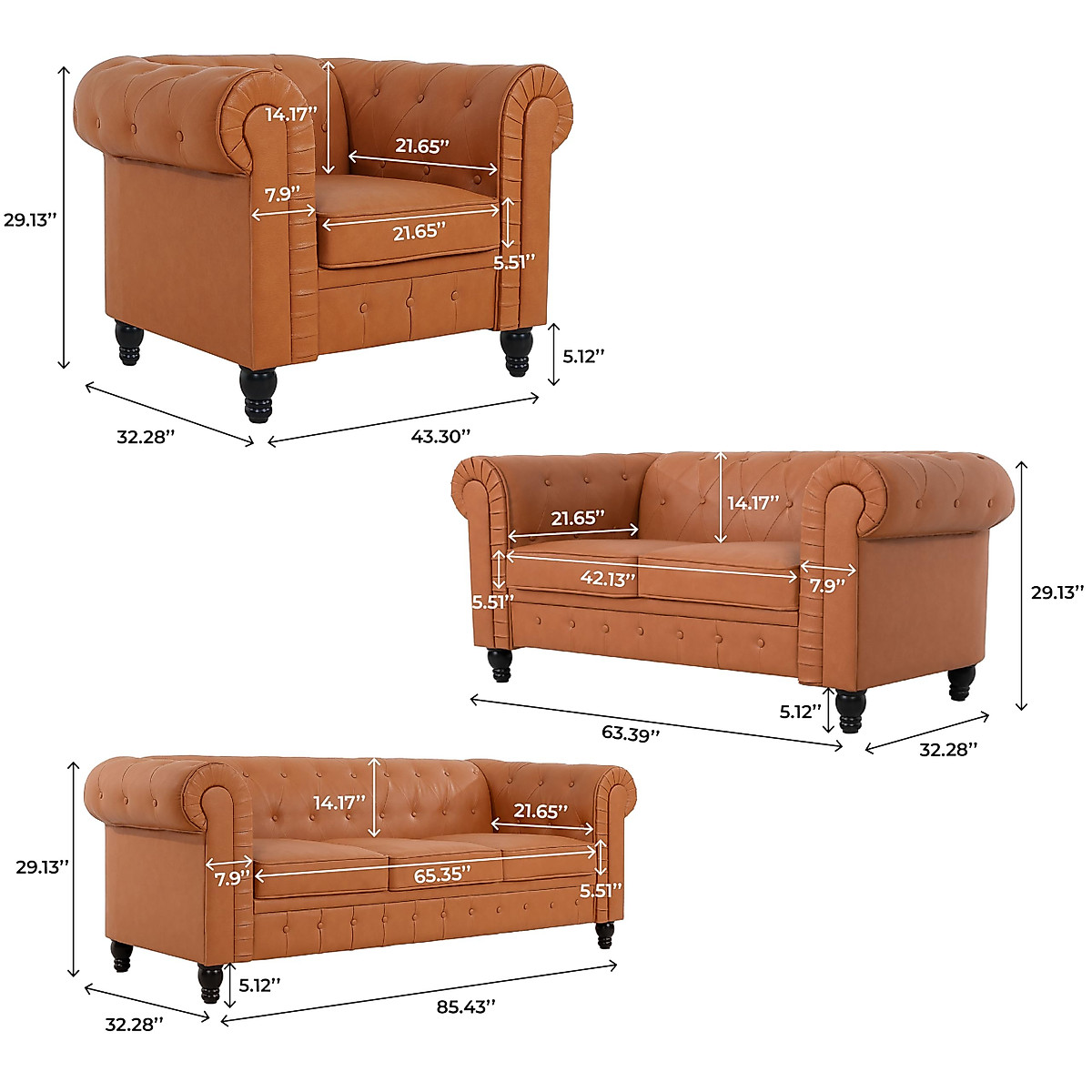 Emery Chesterfield 3 Piece Living Room Sectional Sofa Set with Rolled Arms, Tufted Cushion Sofas for Living Room Set Includes Sofa, Loveseat Couch, Accent Arm Chair / Easy Tool-Free Assembly – Caramel