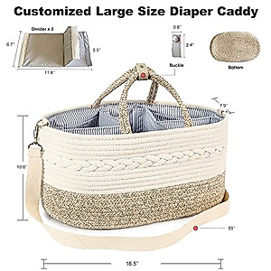 YeaYee Baby Diaper Caddy Organizer, X-Large, 5 Grids, 8 Pockets, Shoulder Strap Portable Nursery Storage Basket with 2 Changeable Compartments, 100% Cotton Woven Rope Bins, Newborn Gift
