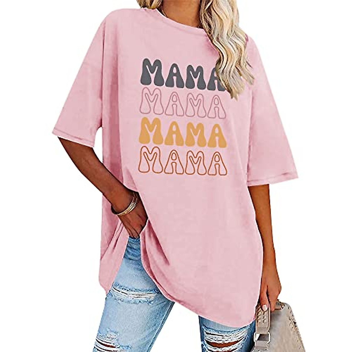 SLEITY Womens Mama Shirt Oversized Graphic Tees for Women Loose Fit Summer Blouses Casual Mom Tops