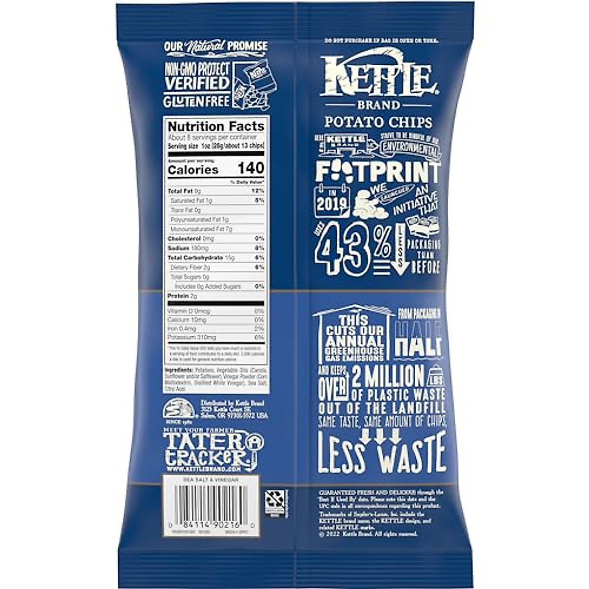 Kettle Brand Sea Salt and Vinegar Kettle Potato Chips, Gluten-Free, Non-GMO, 7.5 oz Bag