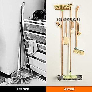 windson Mop Broom Holder Wall Mount-Adjustable Mop Broom Closet Organizer Racks for Kitchen, Garage, Home Tools Storage(3 Slots with 4 Hooks)