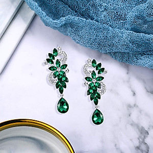 BriLove St Patricks Day Earrings Silver-Tone Dangle Earrings Women's Wedding Bridal Bohemian Boho Crystal Flower Chandelier Teardrop Bling Earrings Emerald Color.