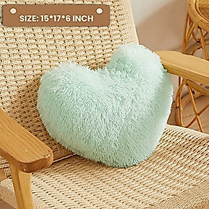 MEGO Fluffy Heart Pillow, Faux Fur Decorative Throw Pillow, Plush Shaggy Heart Shaped Pillow w Insert&Cover, Cute Furry Throw Pillows for Couch Bed Sofa Kid Girls Women Valentine's Day Gift Aqua Green