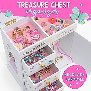 Giggle & Honey Princess Musical Jewelry Box for Girls - Kids Music Box with Drawers, Fairytale Gifts for Girls Birthday, Princess Jewelry Boxes for Ages 3-10 - 9 x 5 x 9.3 in, White