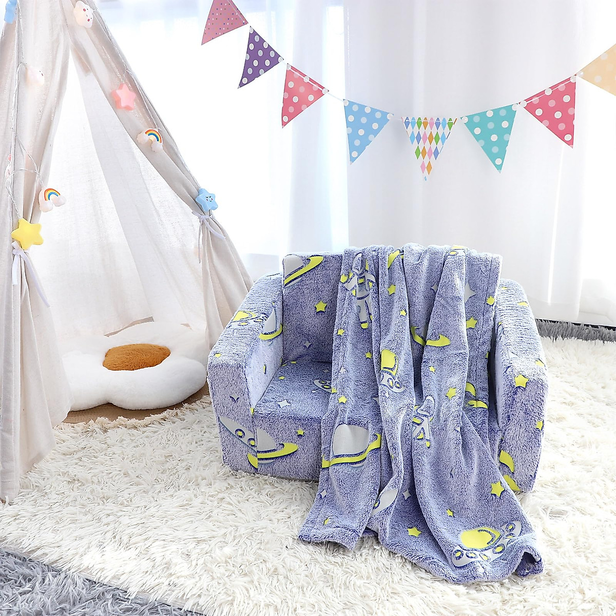 DILIMI Kids Couch, 2-in-1 Toddler Couch Sofa with Blanket, Comfy Toddler Chair Kids Sofa for Boys Girls, Convertible Sofa Bed to Lounger, Glow in The Dark 1 Seat, Astronaut