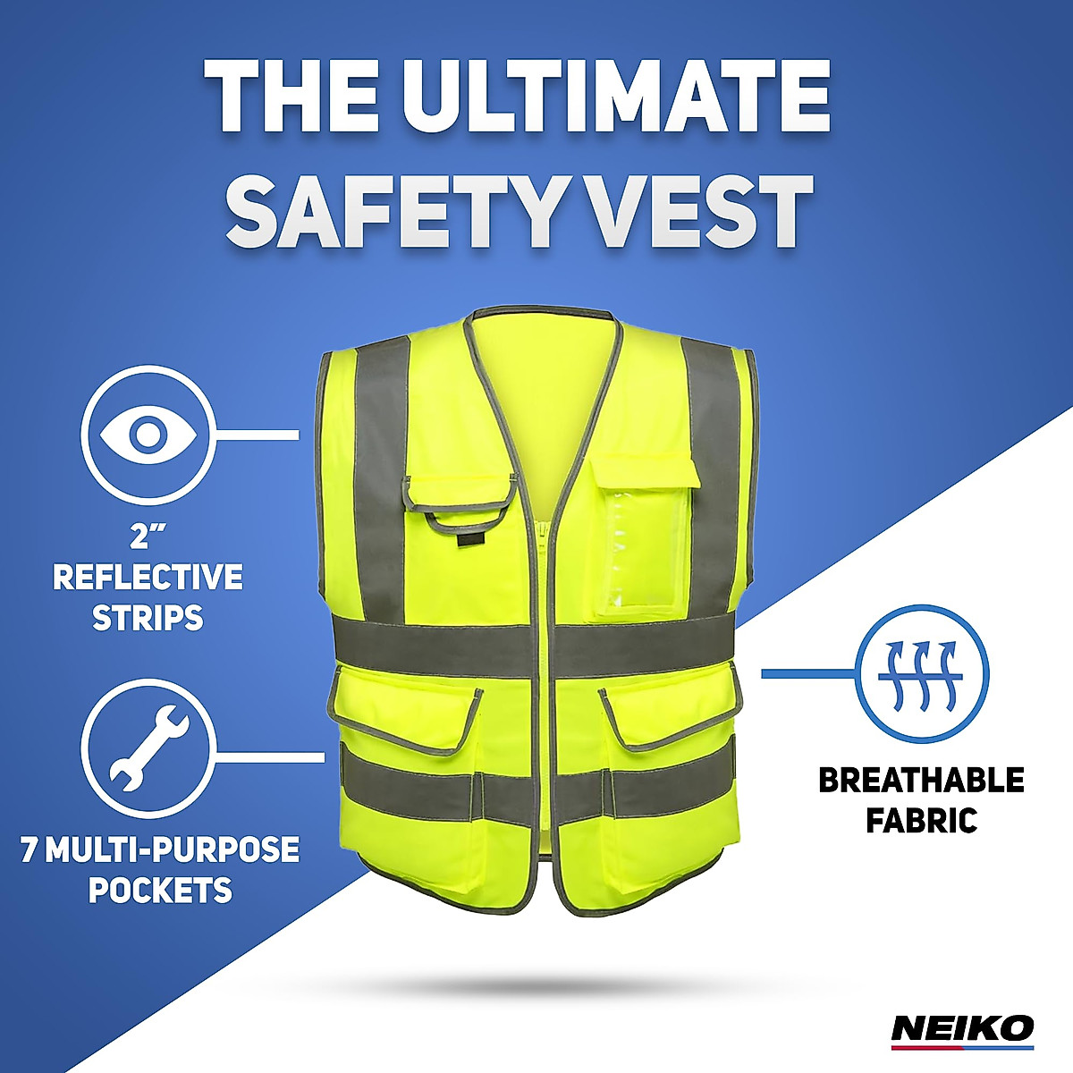 Neiko 53993A Medium Ultra Reflective Safety Vest with Reflective Stripes & Zipper, Visibility Strips on Neon Yellow for Emergency, Safety Vest for Men and Women, Adult Safety Vest