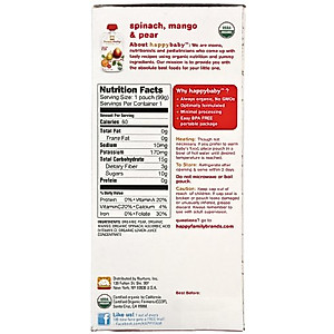 Happy Baby Organic Stage 2 Baby Food Simple Combos Pear Mango Spinach, 4 Ounce Pouch (Pack of 8) Resealable Baby Food Pouches, Fruit & Veggie Puree, Organic Non-GMO Gluten Free Kosher