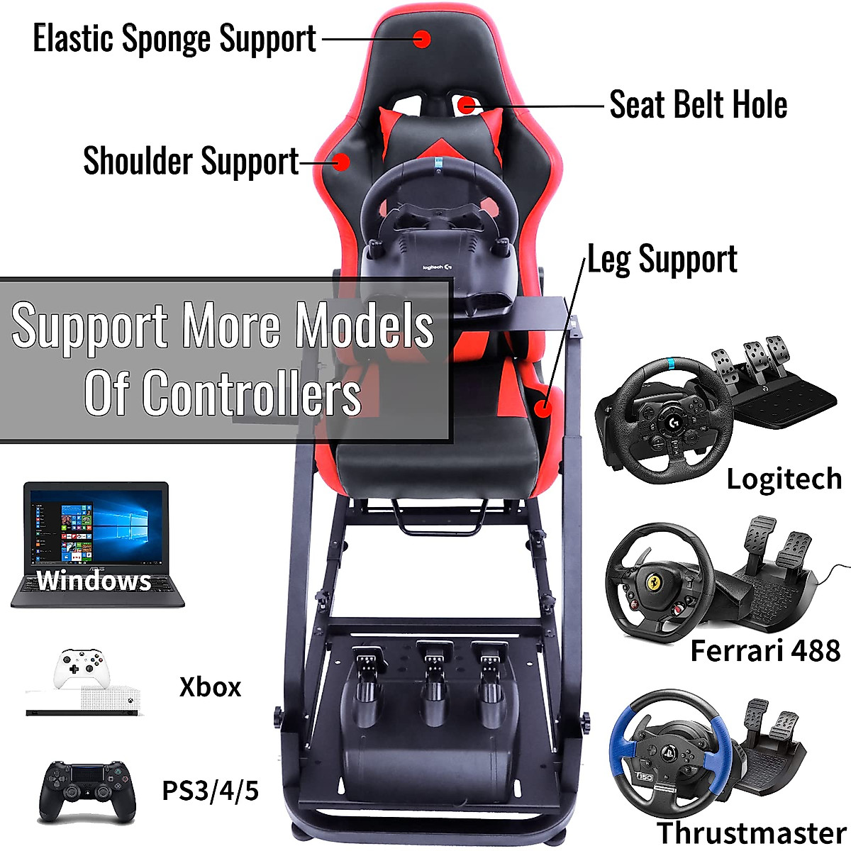 Minneer Racing Steering Simulator Cockpit Red with TV Bracket Mounting Holes Racing Wheel Stand/Fits Logitech G25, G27, G29/ Compatible with Playstation, PC Platforms with Capacity 220LBS