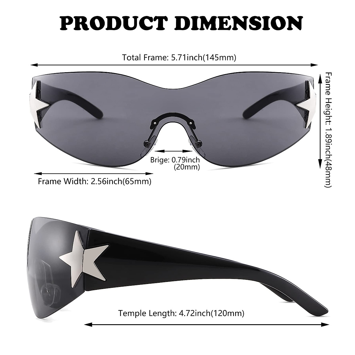 NULOOQ Rimless Y2K Sunglasses for Women Men – Trendy Star Shield Wrap Around Sunglasses Oversized Frameless Sun Glasses (Black/Gray)
