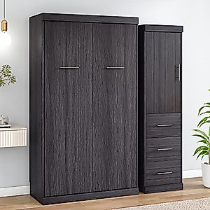 P PURLOVE Multifunctional Murphy Bed Twin with Wardrobe and 3 Drawers, Bed Frame with Slates, Storage Bed Can Be Folded Into A Cabinet for Small Spaces, Apartments, Studio (Gray)