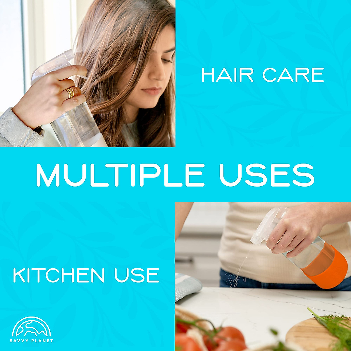 SAVVY PLANET - Glass Spray Bottles for Cleaning, Silicone Sleeve Bottom for Protection, Reusable Glass Spray Bottles 16 Oz With Adjustable Nozzle Settings (2 Pack)