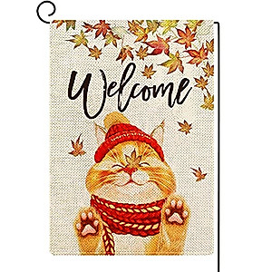 ORTIGIA Welcome Fall Cat Garden Flag Blurap Vertical Double Sided 12x18inch Autumn Maple Leaf Garden Flag for Outside Fall Thanksgiving Farmhouse Seasonal Holiday Yard Décor