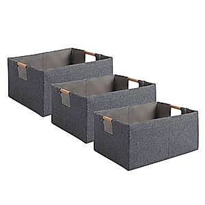 LaMorée Fabric Storage Bin Box Foldable Cotton Linen Storage Basket with Wooden Handles Rectangular Cube Decorative Home Nursery Laundry Organizer Clothes Blanket Container – Gray, Small