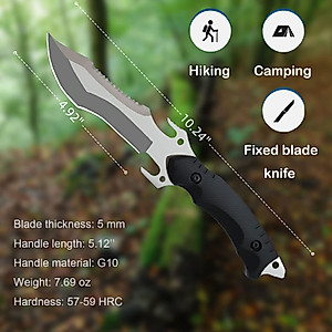Fixed Blade Knife, Hunting Knife Full Tang with G10 Handle, Survival Camping Outdoor Knife with Glass Hammer and Nylon Belt Sheath, Great Gift for Men, White (XZJD)