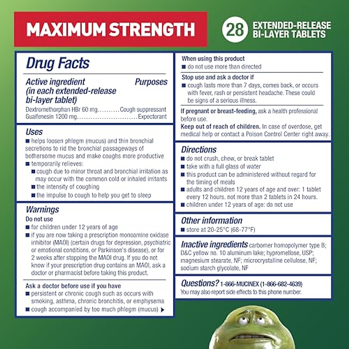 Mucinex DM 12Hr Maximum Strength Chest Congestion & Cough Medicine For Adults, Cold And Cough Medicine for Excess Mucus Relief, 1200 mg Guaifenesin & 60 mg Dextromethorphan HBr, 28 Bi-Layer Tablets