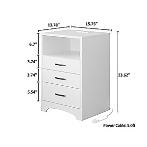 White Nightstand with Charging Station, Nightstands and Modern End Side Table with 3 Drawer, Wooden Cabinet Stand by Sofa, Bedside Tables for Bedroom with USB Ports Outlet & Open Storage