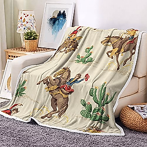 Bzhilja Western Cowboy Throw Blankets, Western Riding Horse Wild Tropical Cactus Desert Cozy Warm Bed Couch Blanket, Farm Farmhouse White Fleece Flannel Throws to Decorate The Room and Bedroom.
