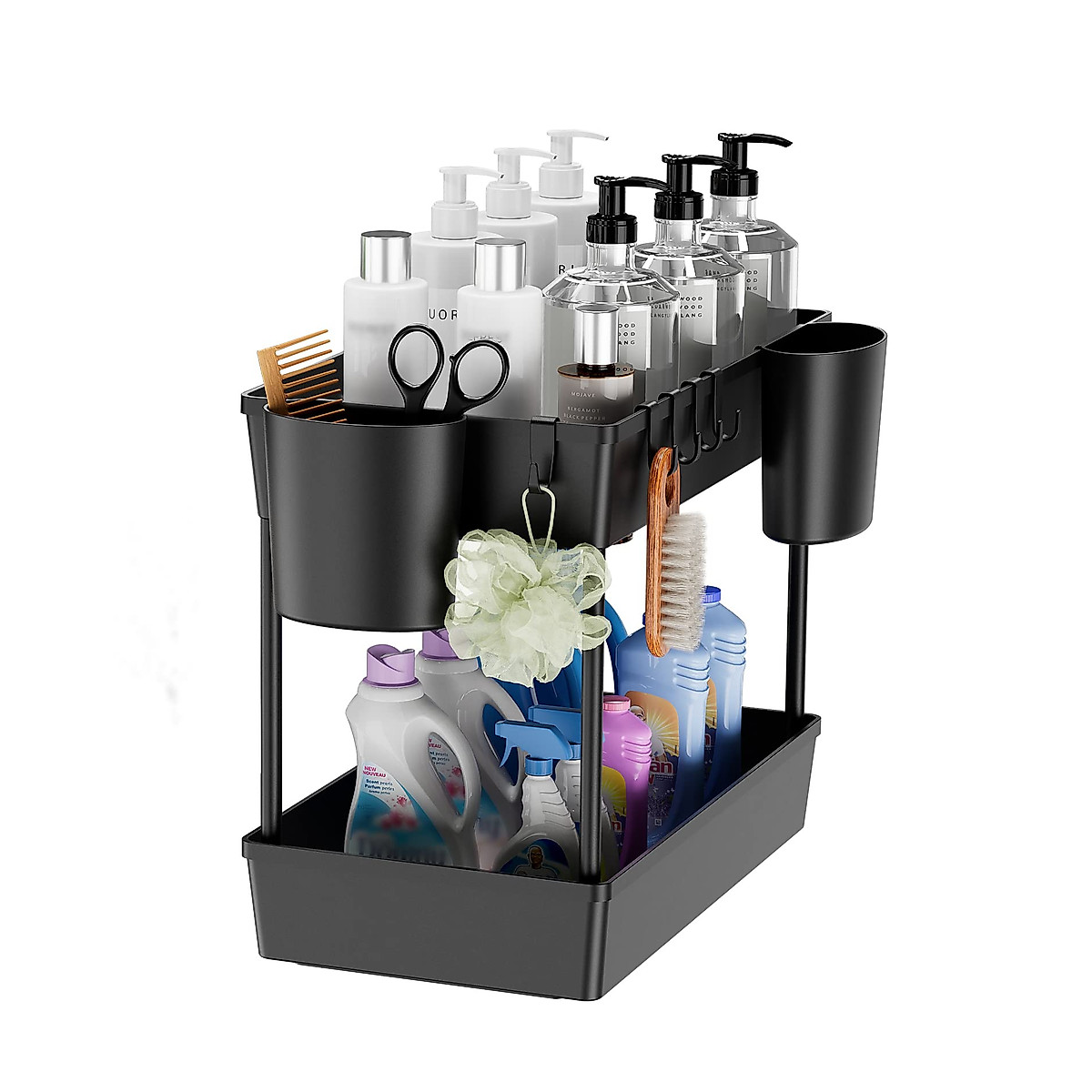 Under Sink Organizer, 2 tier Kitchen Under Cabinet Countertop Organizers Storage Rack Basket with 5 Hooks and 2 Hanging Cup for Bathroom, Kitchen, Pantry (1)