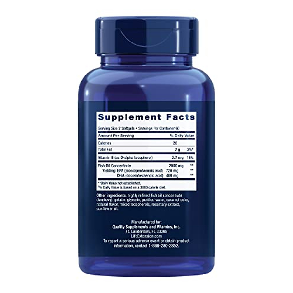 Life Extension Mega EPA/DHA – High Concentrated 2000mg Omega 3 Fatty Acid Fish Oil Blend Supplements - for Heart, Brain & Joint Health Support – Gluten-Free, Non-GMO – 120 Softgels