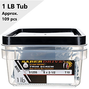 #8 x 2-1/2" Saberdrive White Trim Screws 1 LB, Approx. 109 Pieces, Durable Wood Screws, Serrated Thread for Secure Fastening, Avoid Cam Out