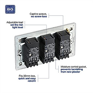 BG Electrical FBS83P-01 Screwless Flat Plate 400W 3 Gang 2 Way Push Dimmer Switch, Brushed Steel, 400 W