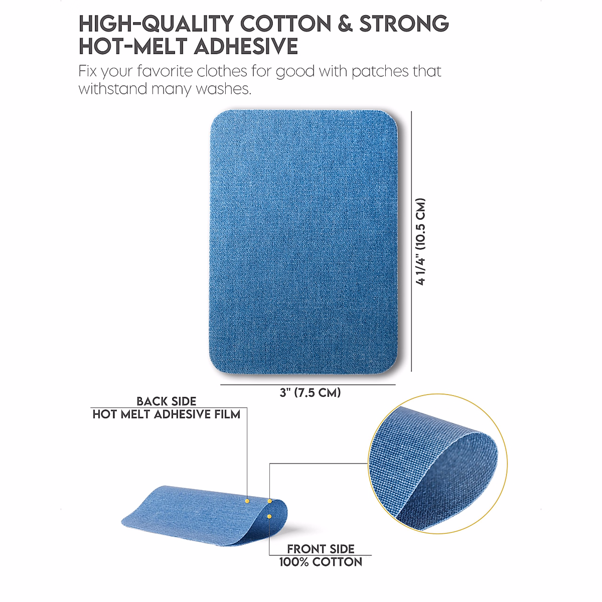 ZEFFFKA Premium Quality Denim Iron-on Jean Patches Inside & Outside Strongest Glue 100% Cotton Assorted Shades of Blue Repair Decorating Kit 12 Pieces Size 3" by 4-1/4" (7.5 cm x 10.5 cm)