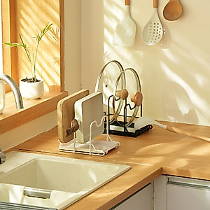 SUNFCON Upgraded Pot Pan Lids Holder Large Cookbook Stand Spoon Rest Cutting Board Rack Chopping Board Organizer Stand w Drip Tray Kitchen Countertop White