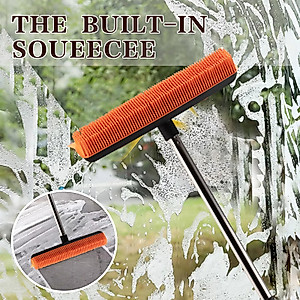 2 in 1 Rubber Broom with 33-64" Long Handle，Fur Remover Broom with 33-64" Long Handle, Pet Hair Broom with Squeegee for Carpet, Hardwood Floor, Tile- Black Orange