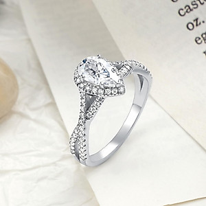 Blocaci Pear Shaped Engagement Rings for Women 1-1/2 Carat(ctw) Moissanite Twisted Engagement Rings Platinum Plated Silver Wedding Anniversary Promise Rings(Size 9)