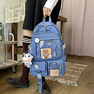 Kawaii Multi-Pocket Backpack with Kawaii Pin and Accessories, for Teen Girls School Bag Aesthetic Backpack, Black, 12.2*16.9*5.1 In