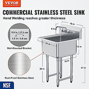 VEVOR Stainless Steel Prep & Utility Sink, 1 Compartment Free Standing Small Sink Include Faucet & legs, 21"x41" Commercial Single Bowl Sinks for Garage, Restaurant, Kitchen, Laundry, NSF Certified