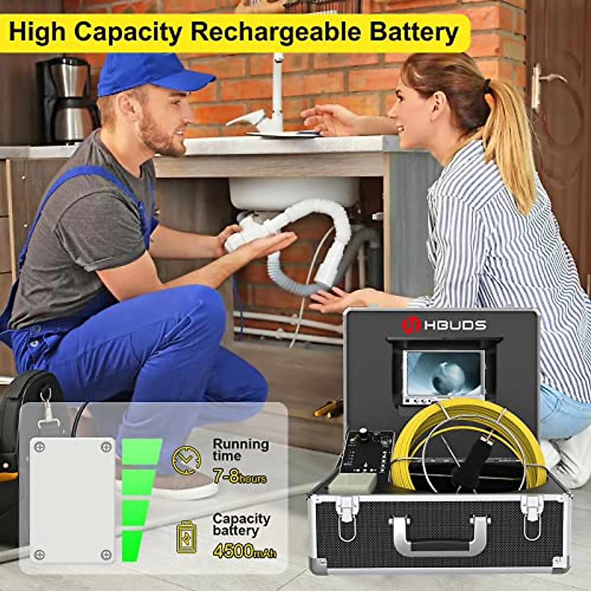 Pipe Pipeline Inspection Camera, Drain Sewer Industrial Endoscope HBUDS Waterproof IP68 Snake Video System with 7 Inch LCD Monitor 1000TVL Camera