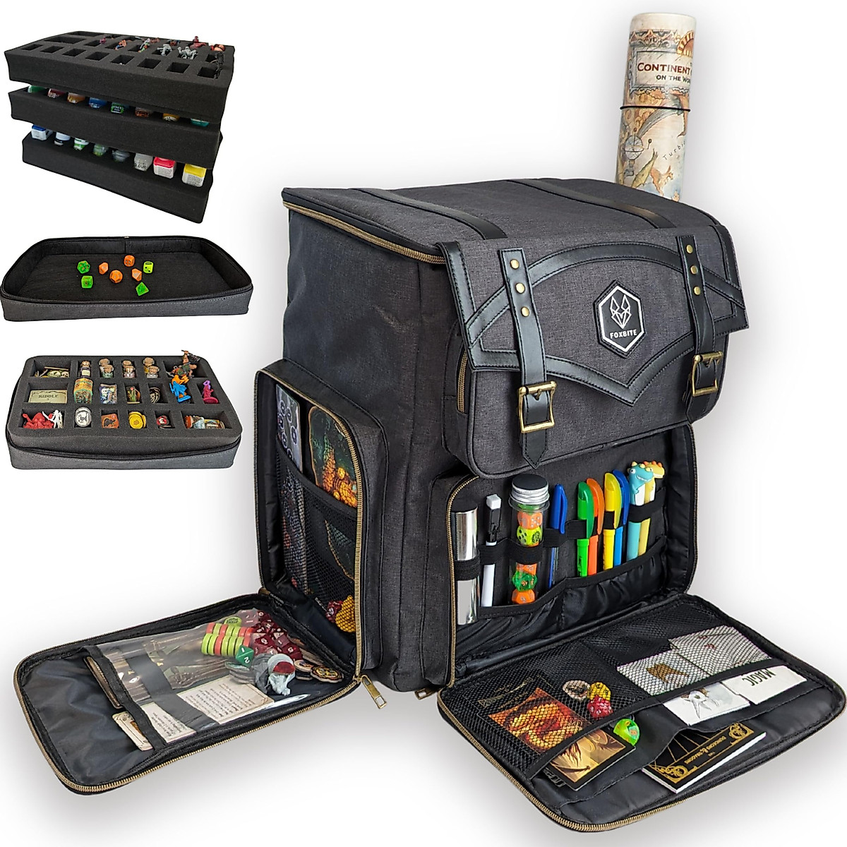 FOXBITE DND Bag - Ultimate Dungeons and Dragons Backpack for Board Game Travel | RPG Dice, Miniature Painting, Tabletop Storage | Dungeon Master Gear, Map Pocket & Foam Tray Organizer