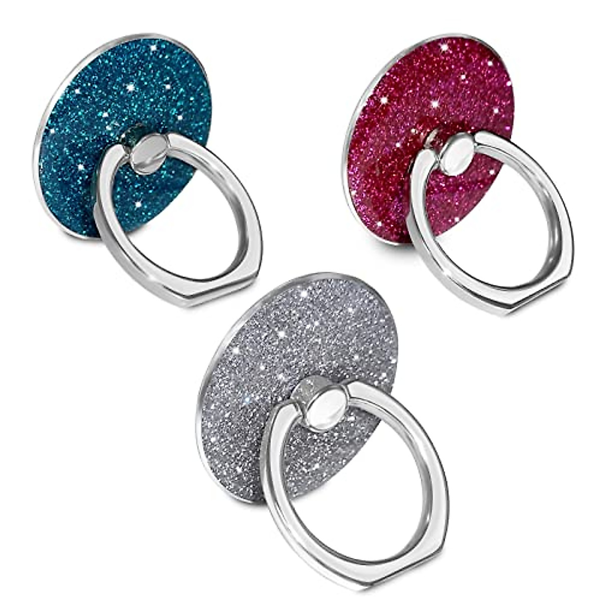 Cavdycidy Cell Phone Ring Holder, Sparkle Ring Holder 360°Rotation Finger Ring Stand,Glitter Cell Phone Kickstand Grip Compatible with Most of Phones, Tablet and Case(1Silver+1Blue+1RoseRed)