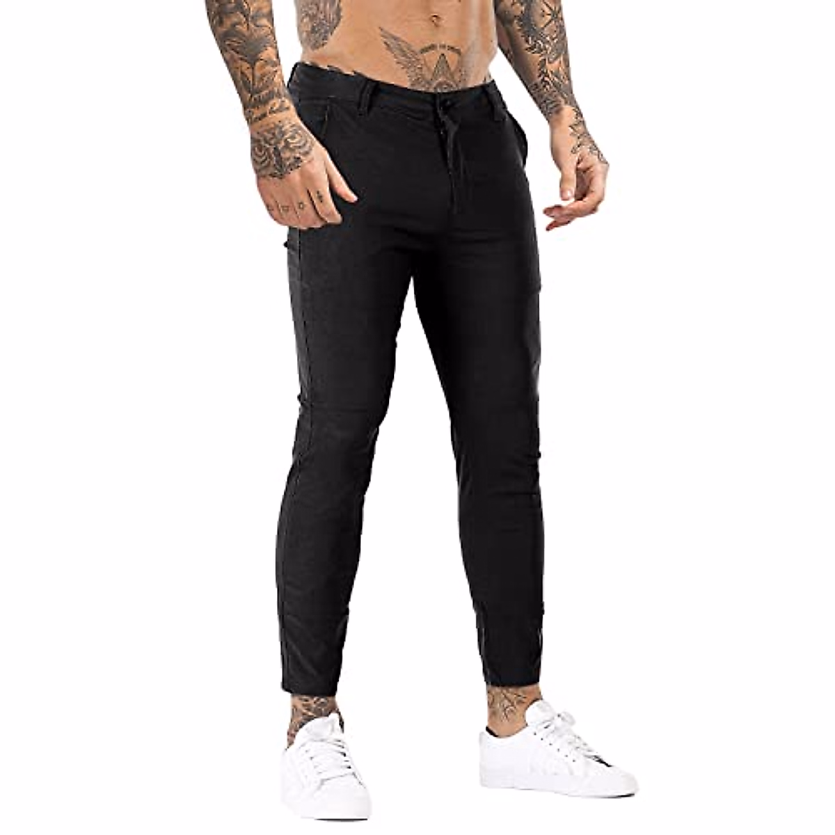 GINGTTO Men's Flat Front Pants Skinny Slim Fit Dress Pants for Men Stretchy Trousers(Black Plain,30)