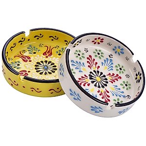 JUSIZA Ceramic Ashtray For Cigarettes - Suitable for Home, Patio, Office, Indoor, Outdoor Use Cool Ashtrays For Smokers – Cute Ashtray for Outside Patio- Decorative Ash Tray, 2 Pack (White and Yellow)