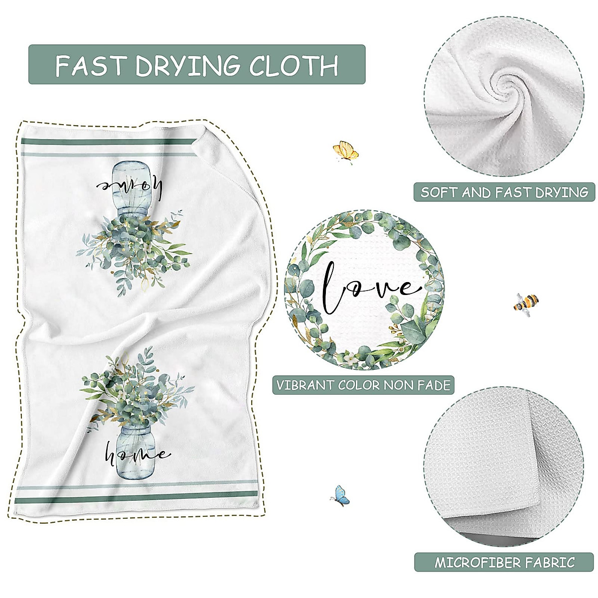 Lebsitey Green Eucalyptus Leaf Kitchen Towels, 4 Pack Love Sweet Home Quotes Eucalyptus Wreath Tea Dish Towels, Absorbent Drying Cloth Tea Towels for Cooking Baking,16×24IN (Green Leaves Towels)