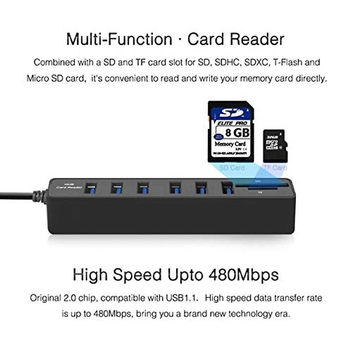 LUOKANGFAN LLKKFF Multi Hub Expansion USB Hubs Multi USB 2.0 Hub USB Splitter High Speed 6 Ports with TF SD Card Reader(Black) (Color : White)