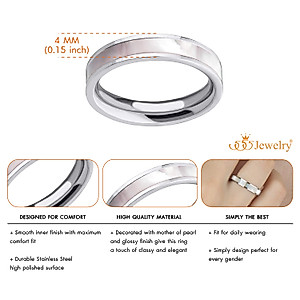 555Jewelry 4mm Stainless Steel Mother of Pearl Abalone Shell Inlay Band Ring for Women & Ladies, Shell Wedding Rings for Women, Silver, Size 8
